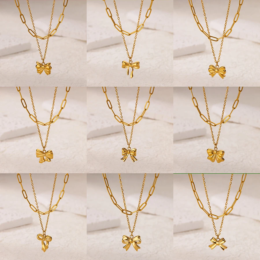 Stainless Steel Bowknot Pendant Necklace For Women Fashion Gold Color ...