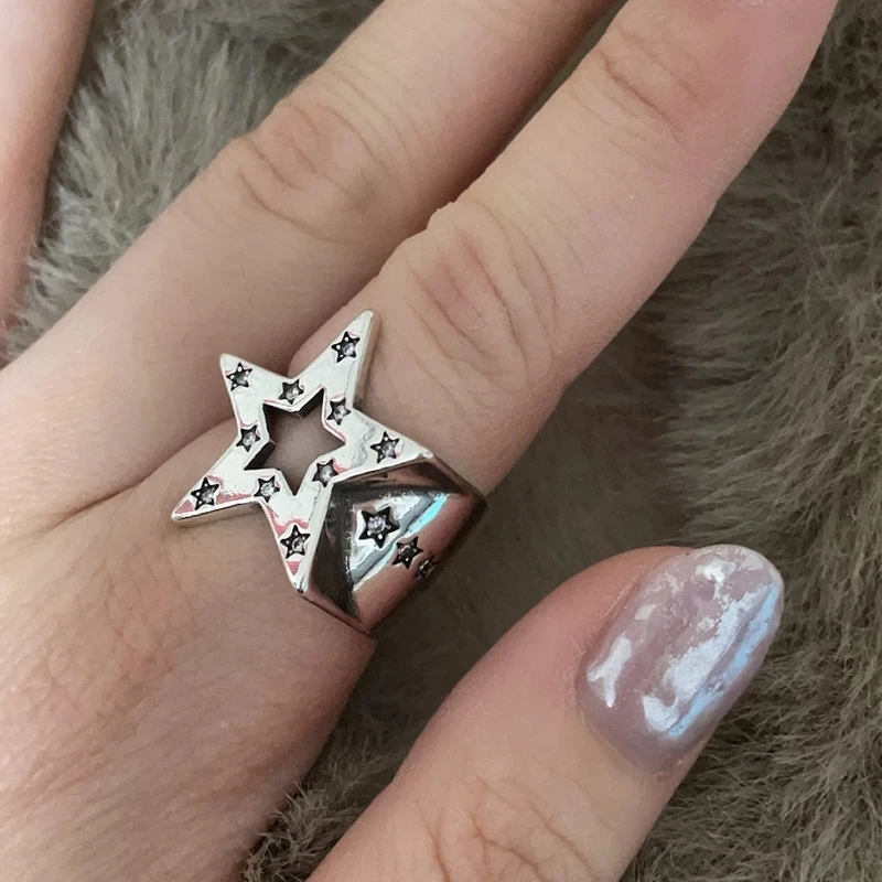 New Trendy Shiny Crystal Star Pentagram Opening Rings For Women Egirl ...