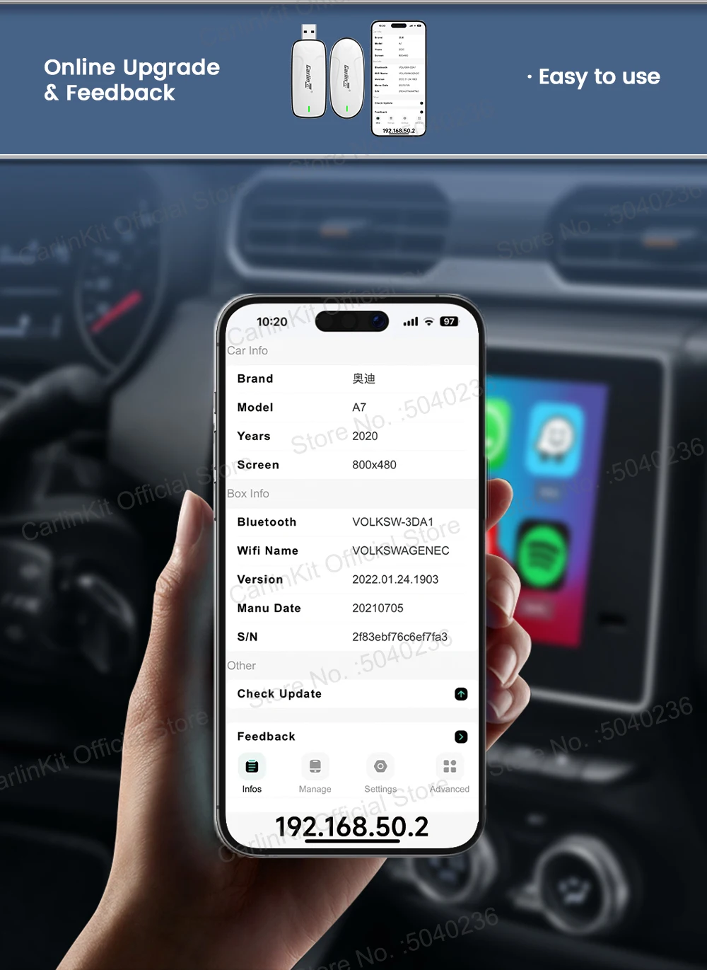 CarlinKit X1CA Baidu Carlife Проводной к беспроводному адаптеру CarPlay ...