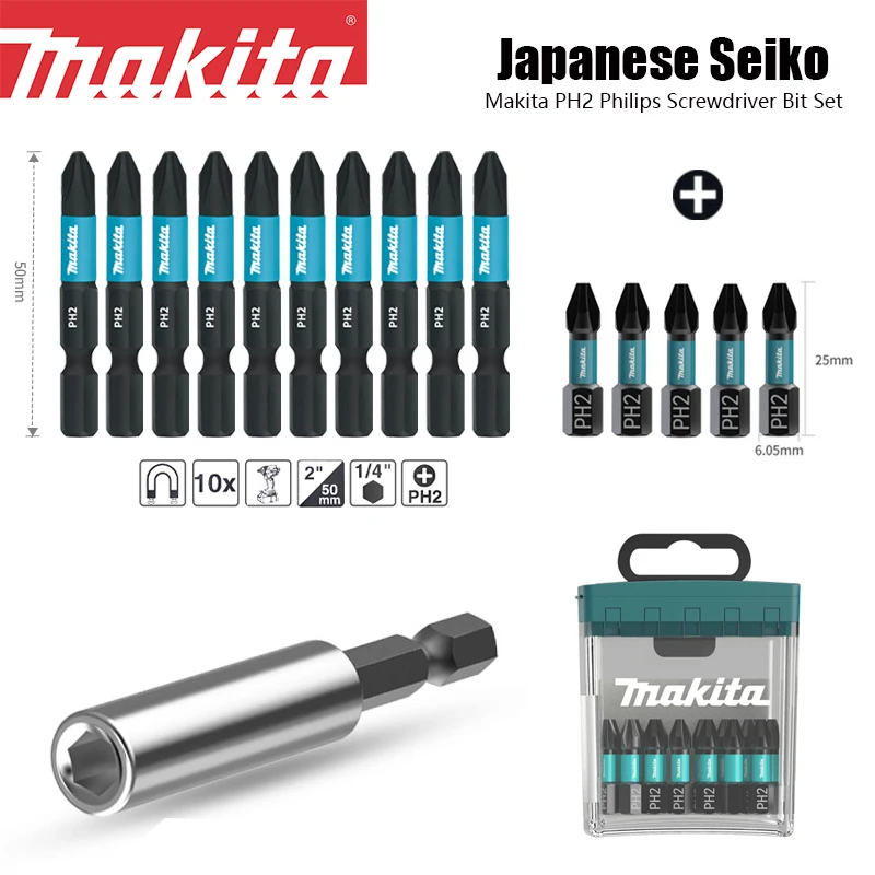 Makita PH2 필립스 스크루 드라이버 비트 25mm 50mm 세트 및 마그네틱 스크루 드라이버 비트 홀더 B 52445 E ...