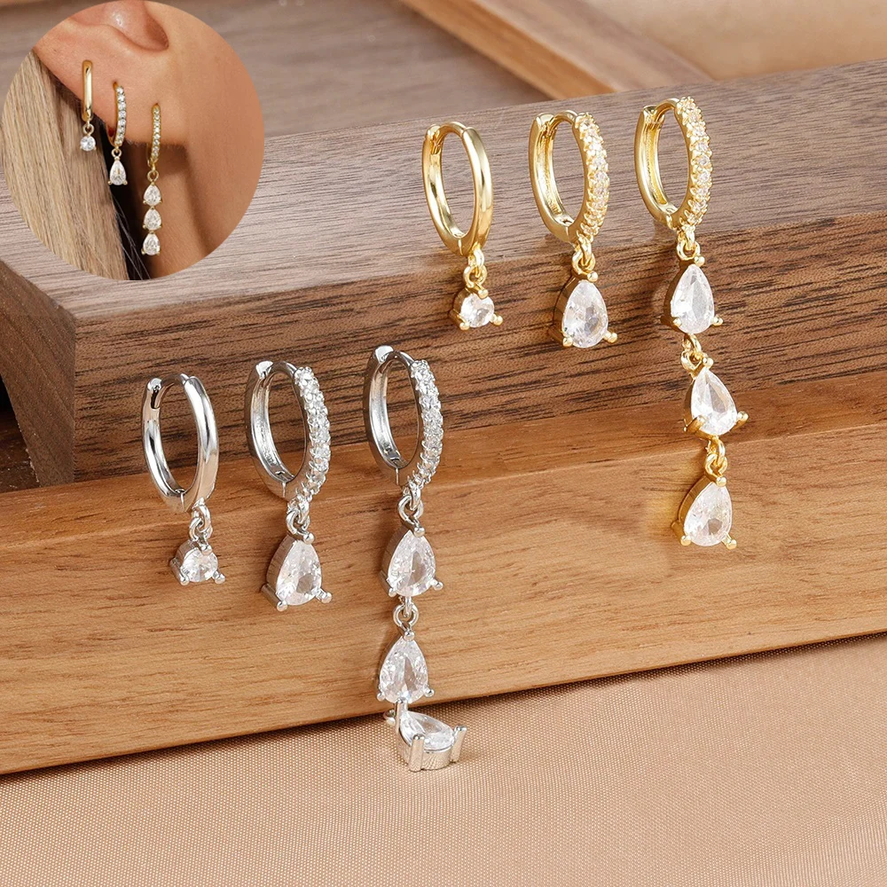 3PCS Fashion Stainless Steel Water Drop Tassel Hoop Earrings Set For ...