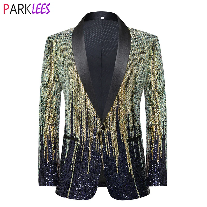Mens Striped Sequin Sparkling Suit Jacket Blazer Shawl Lapel One Button ...
