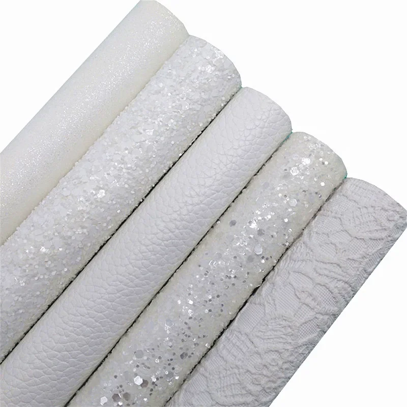 White Chunky Glitter Vinyl Fabric Sheet Felt Backing Foral Embossed ...