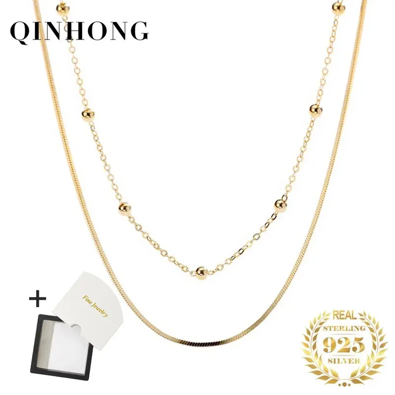 QINHONG-INS-925-Sterling-Silver-Double-Layer-Snake-e-Bead-Cadeia-Gargantilha-Colar-para-Mulheres ...