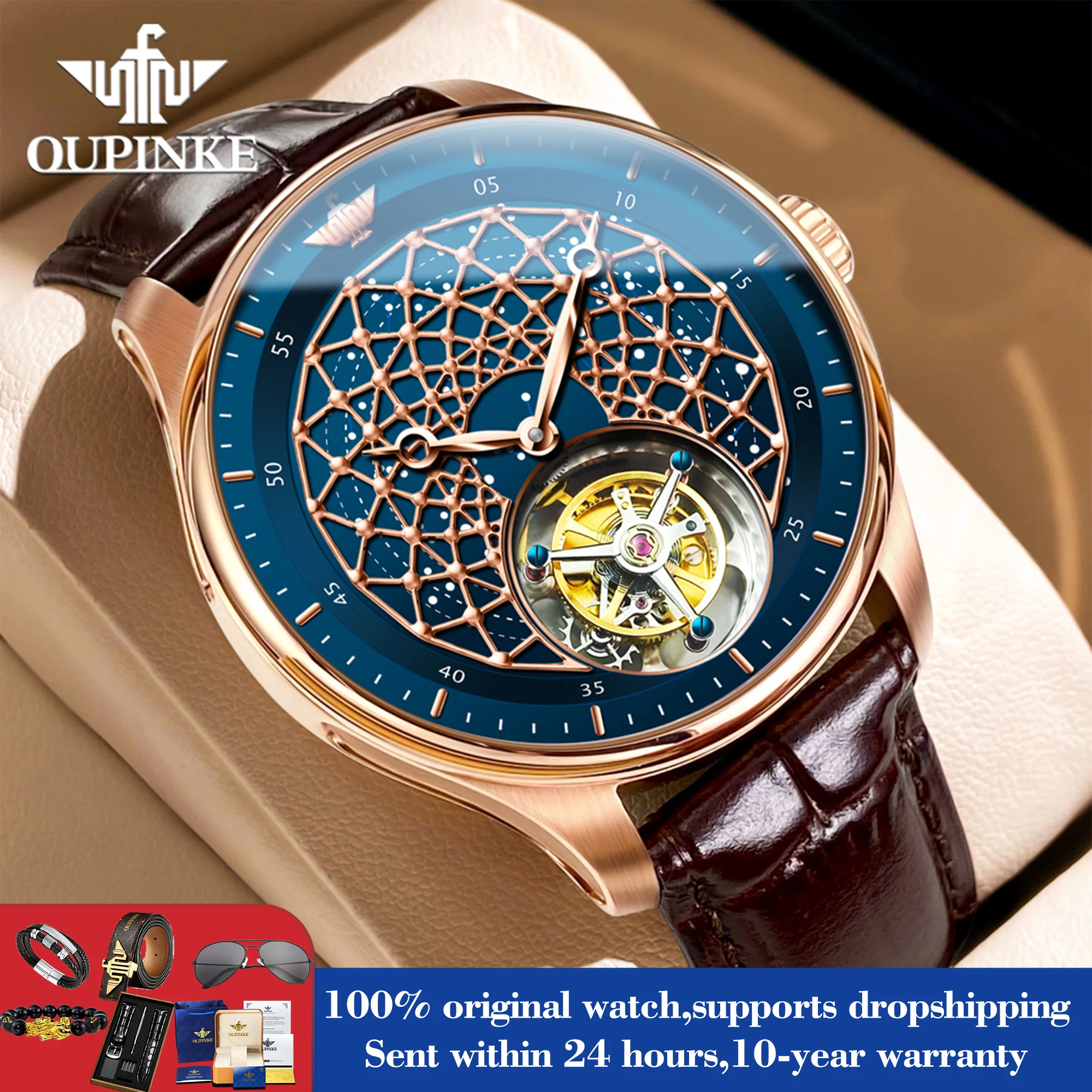 OUPINKE 8002 Watch Man Hollow Deep Waterproof Tourbillon Mechanical ...