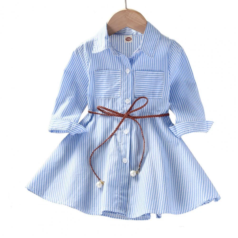 Casual Shirt Dress Simple Kids Dress High Waist Wide Hem Girls Lapel ...