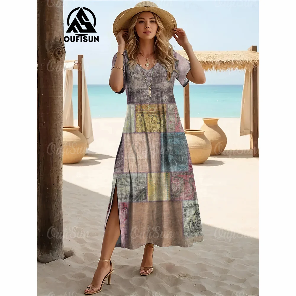 Robes-longues-imprim-graphique-patchwork-pour-femmes-v-tements-f-minins ...