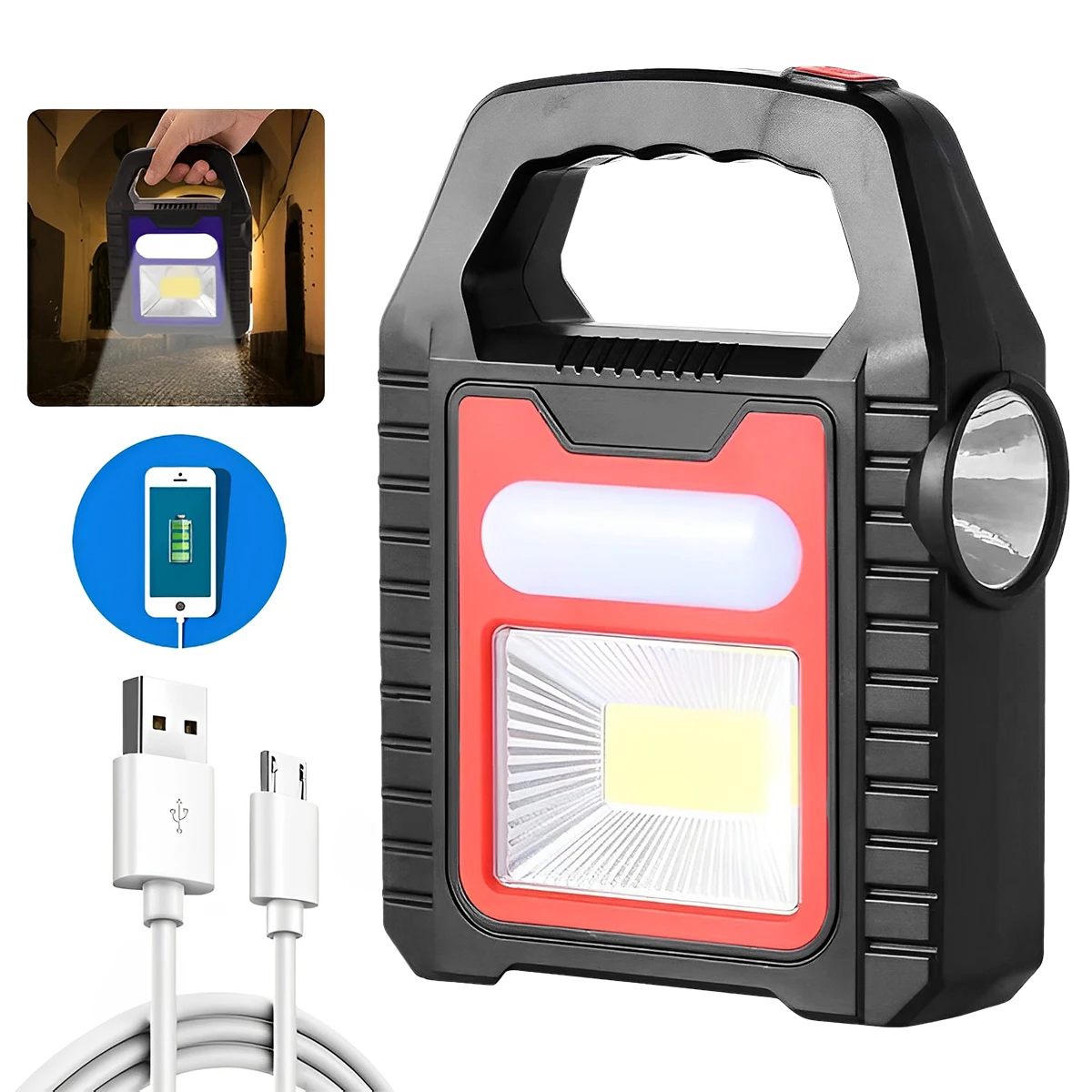 Solar LED Camping Flashlight With COB Work Lights USB Rechargeable ...