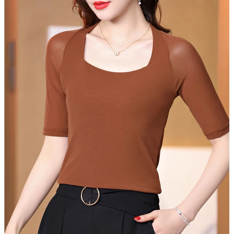 Summer Tops For Women Solid Color Slim Half Sleeve Mesh Shirt Korean ...