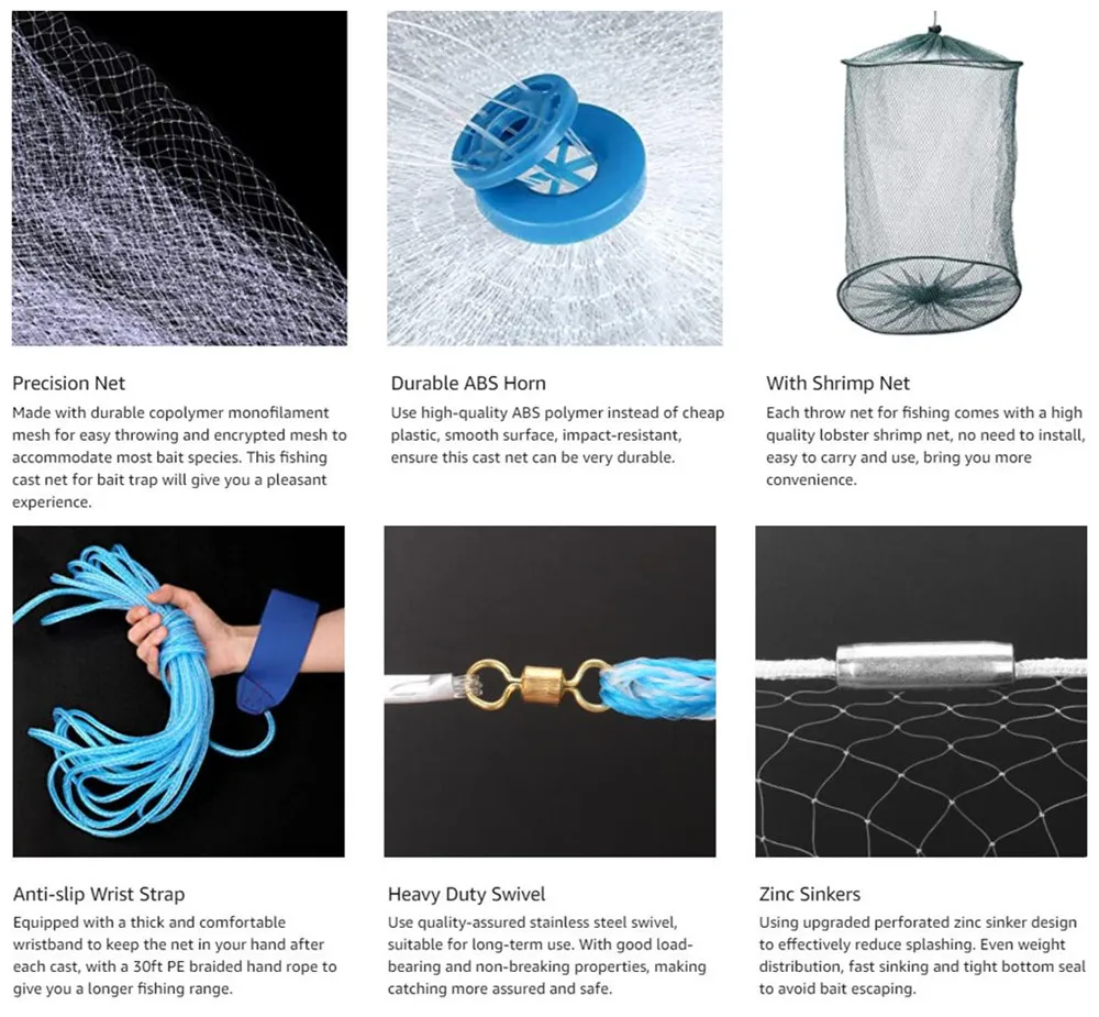 Cast Net 7Ft Radius Bait Net for Fishing Small Mesh Size Throw Cast Net ...