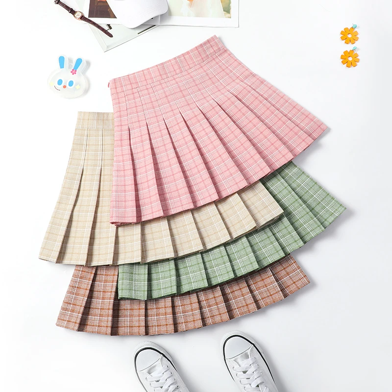 Pink Plaid Pleated Skirt Women Summer Anti exposure Plaid Short dress ...