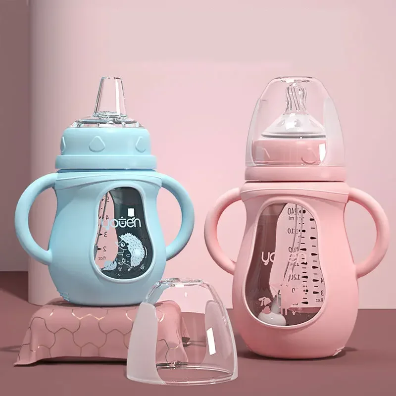 Glass Baby Drink Bottles with Straw Baby Milk Feeder Set with Silicone ...
