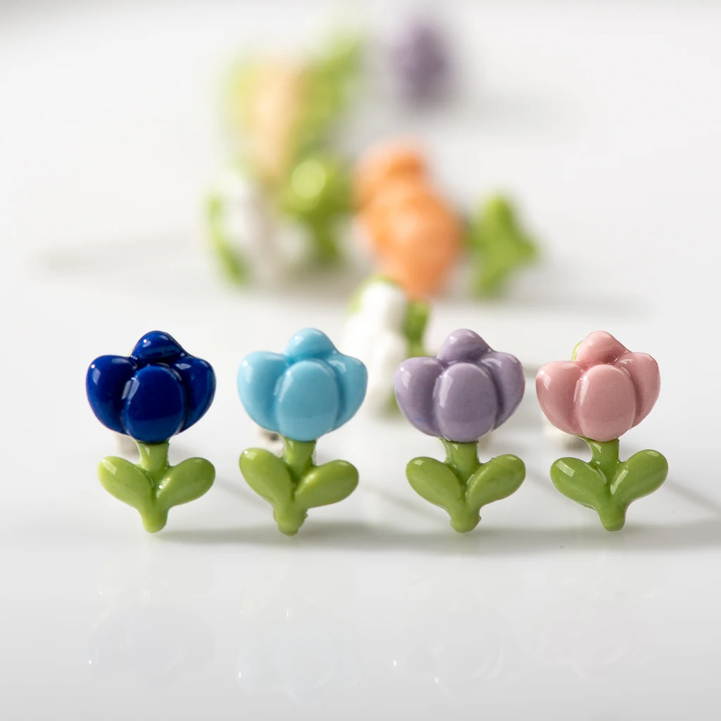 Multicolor Small Tulip Flower Ceramic Stud Earrings Anti-allergic Steel ...