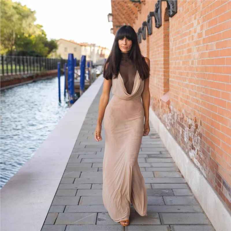 Sexy Ruched U Neck Spliced Mesh Prom Dress Women's Clothing High-end ...