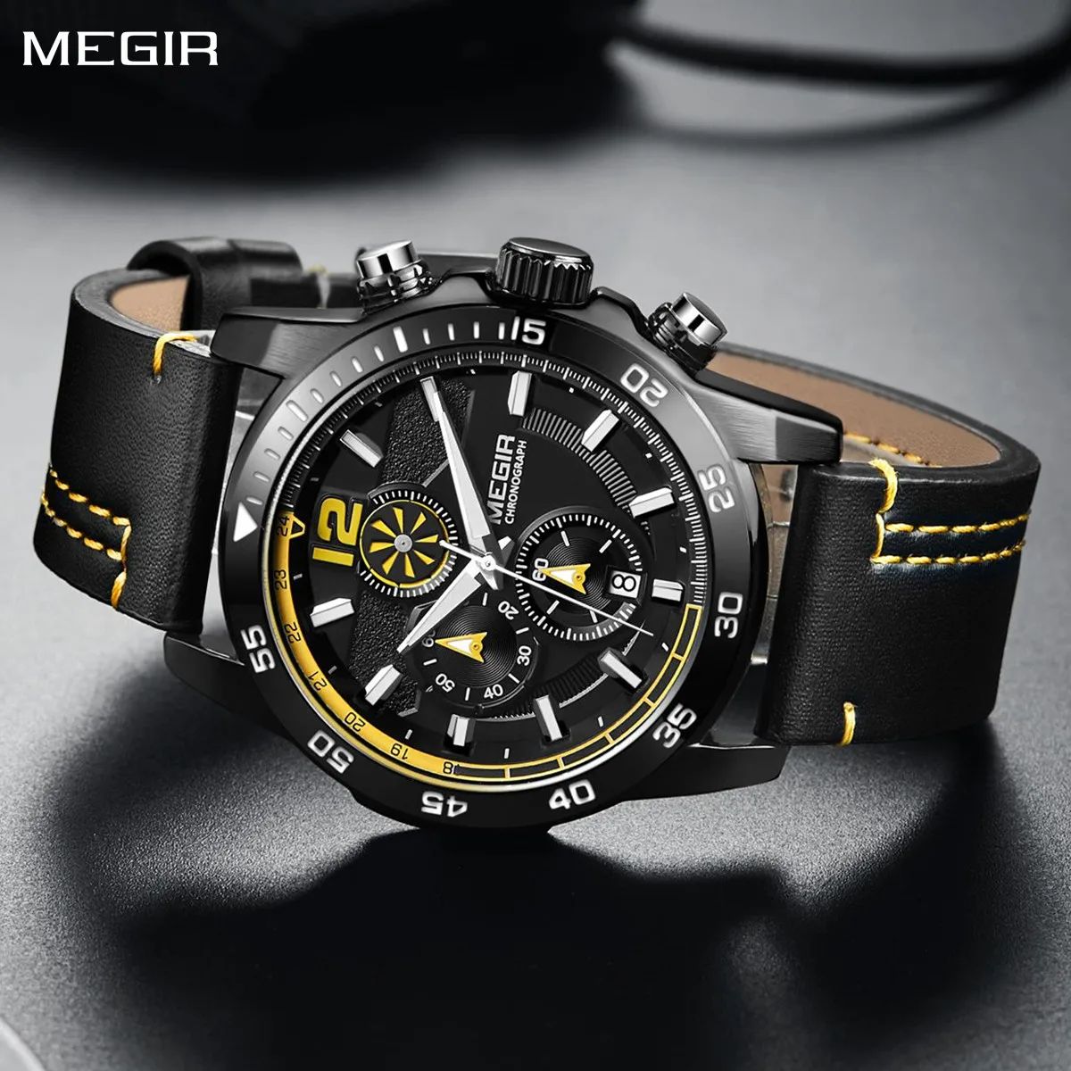 MEGIR Black Luxury Men's Watch Leather Strap Quartz Wristwatches ...