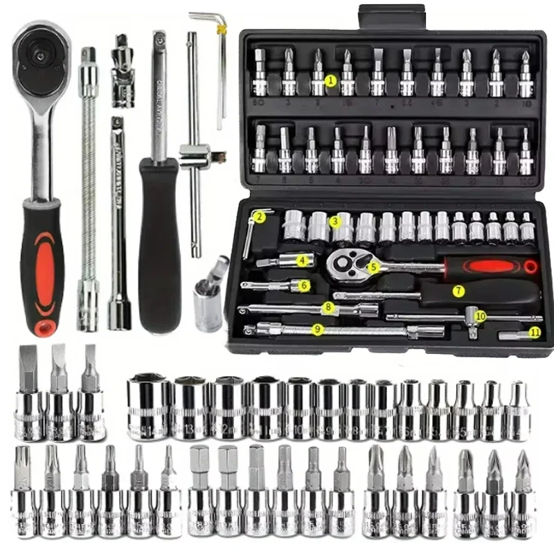 46pcs 1/4 Inch Drive Socket Set Ratchet Wrench Set Car Tool Kit, Bit ...