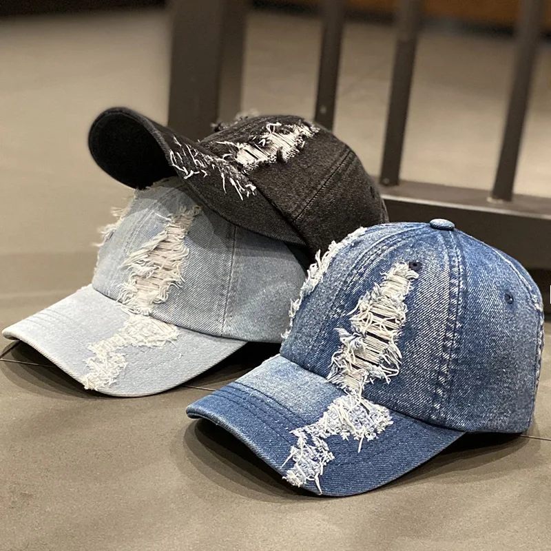 Washed-Denim-Baseball-Caps-Women-Vintage-Holed-Distressed-Cap-Fashion ...
