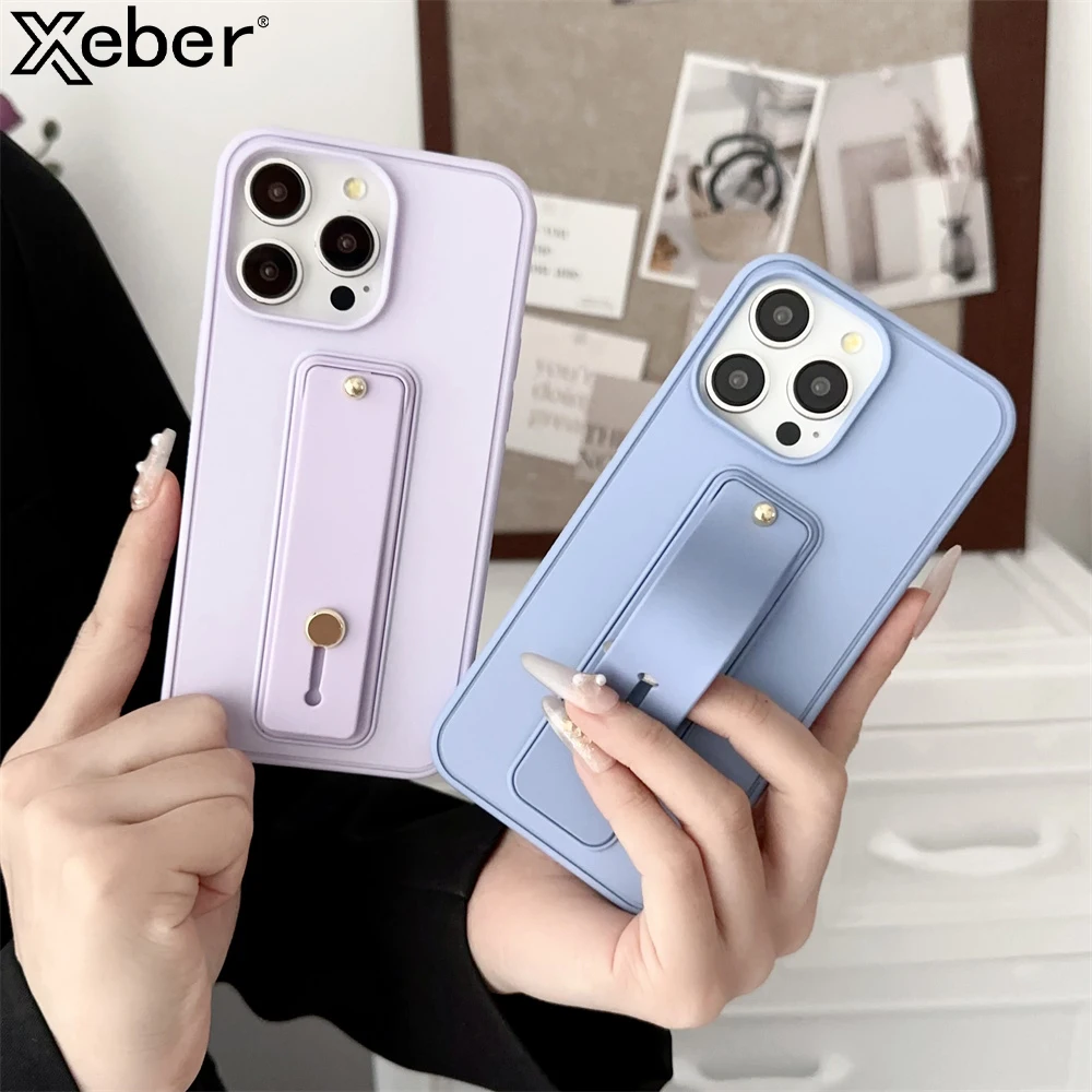 Luxury Plain Wrist Strap Holder Stand Phone Case For iPhone 17 15 16 ...