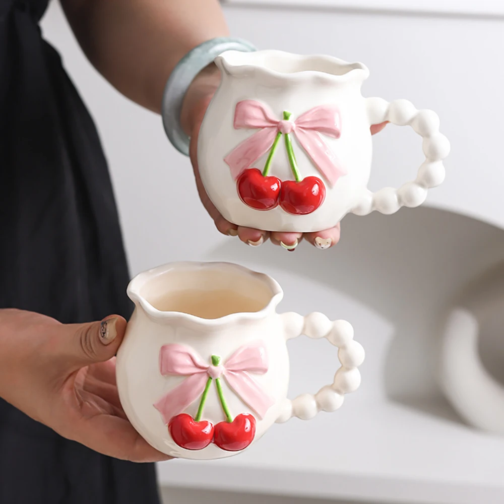 Women's Chic Ceramic Mug Set Relief Cherry Pink Bowknot Beaded Handle ...