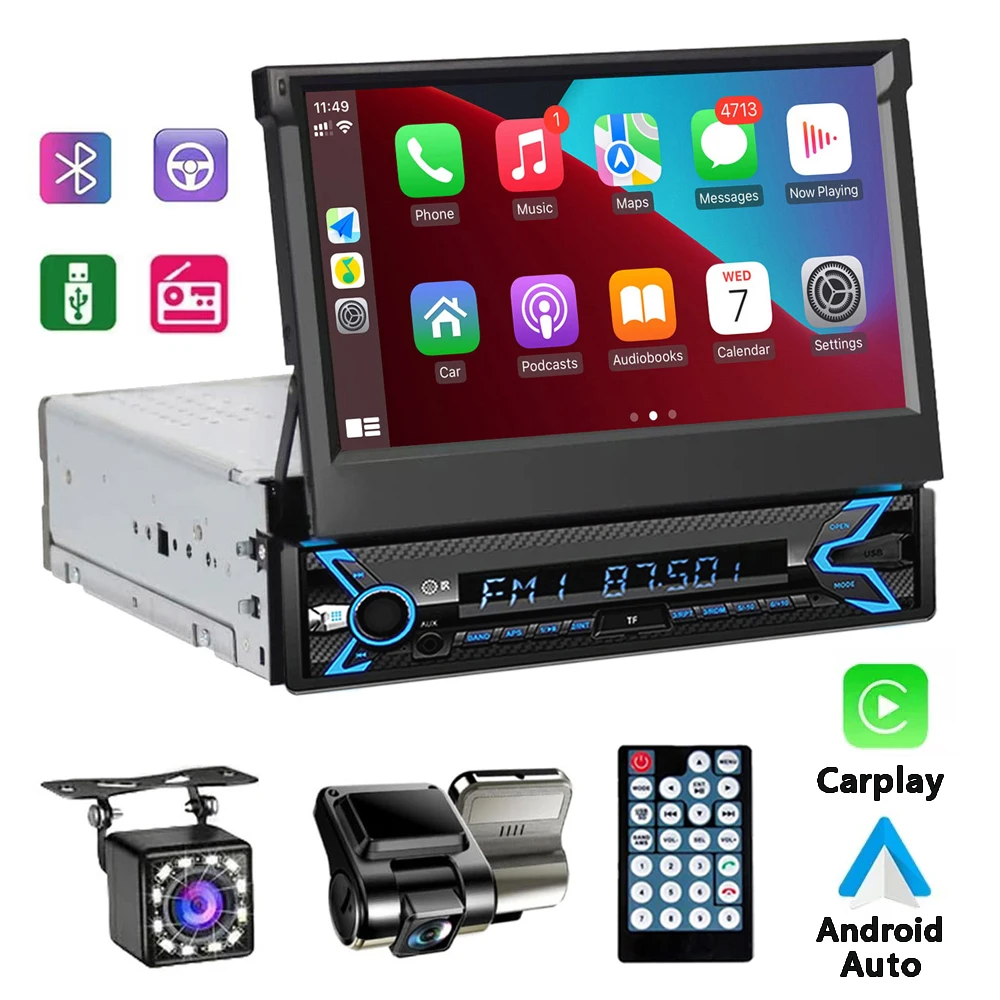 7-Inch-Retractable-Car-Stereo-Radio-1-Din-Touchscreen-Carplay-Android ...