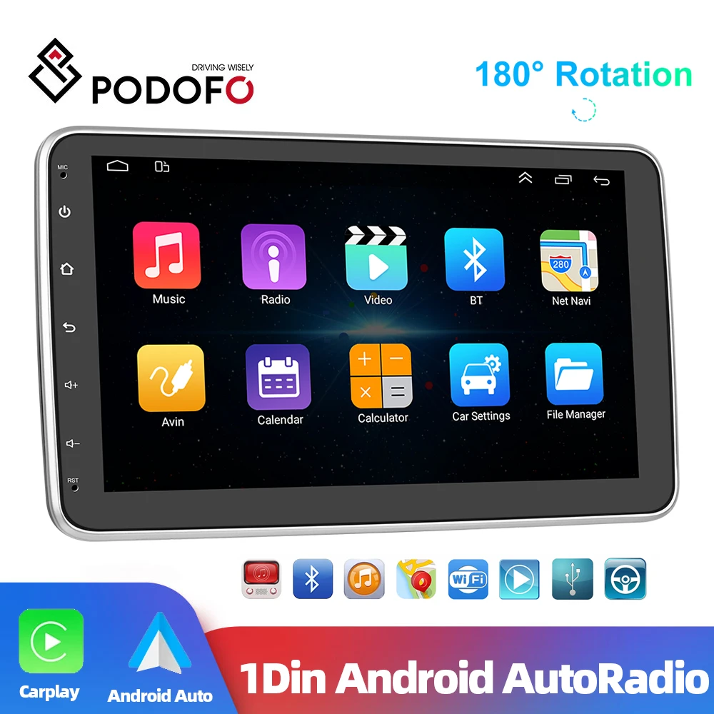 Podofo 1 Din CarPlay Rotatable Android AutoRadio Car Radio 10" Screen Intelligent Systems Car ...