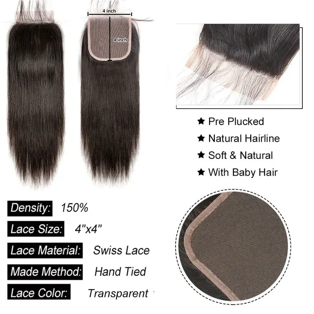 Extensiones frontales de oreja a oreja de cabello humano liso 4x4 5x5 ...