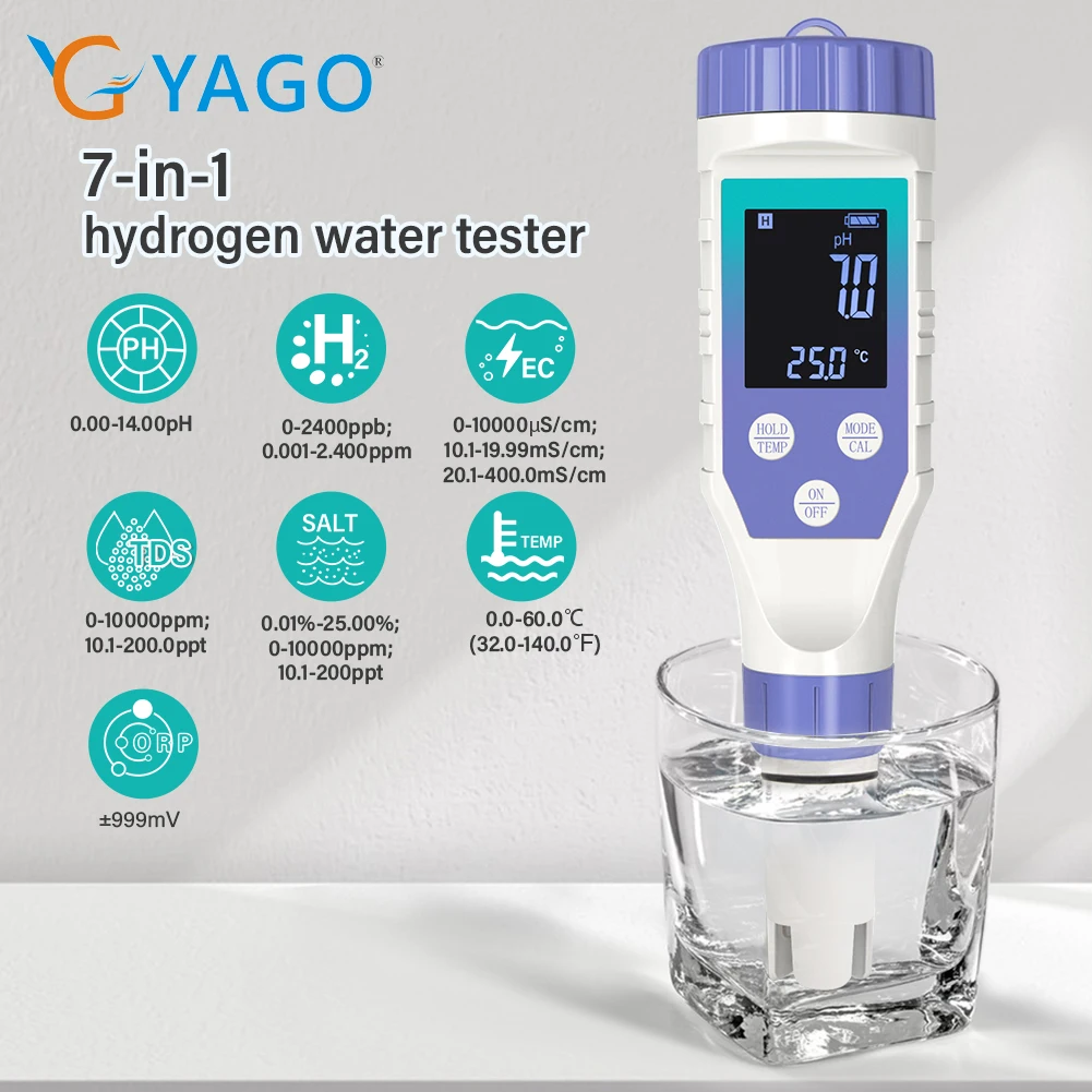 YAGO Hydrogen Water Tester 7-in-1 TDS EC H2 ORP Salt Temp PH Meter for ...