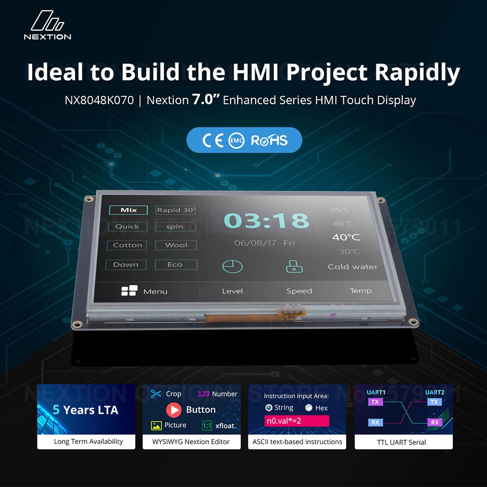 NEXTION NX8048K070 향상된 7.0 ''풀 컬러 LCD, 저항성 터치 디스플레이, HMI 내장, RTC TTL ...