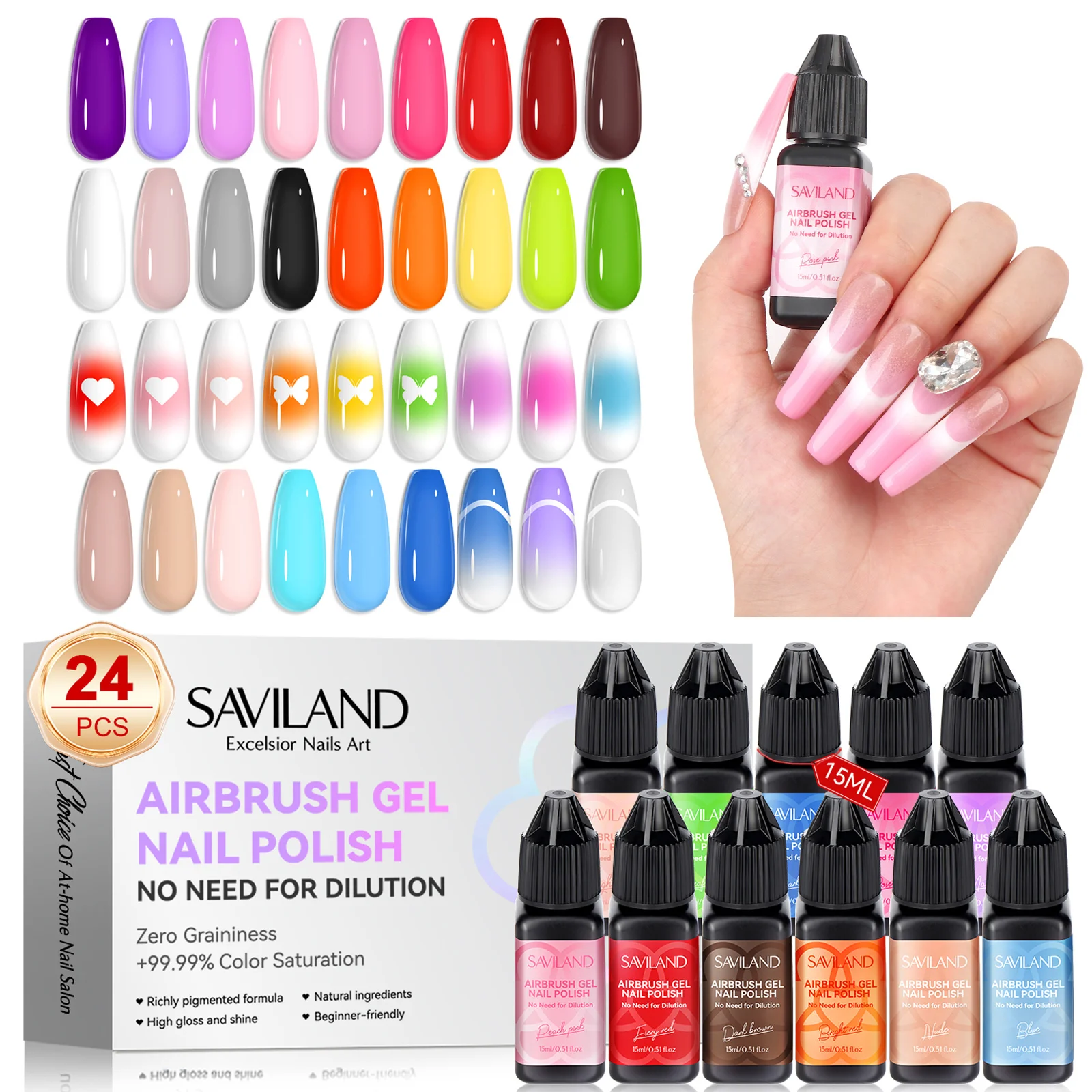 SAVILAND 24 Color HEMA Free Airbrush Gel Polish Set No Dilution Non ...