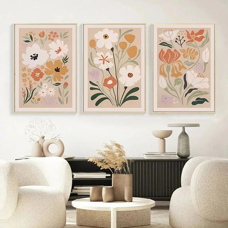 Retro-Abstract-Flowers-Leaves-Plant-Poster-Flower-Market-Canvas ...