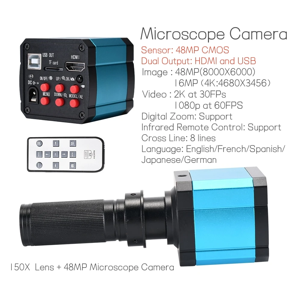 48MP 4K Microscope Camera Set 1080P 60FPS With 150X Lens HD Industrial ...