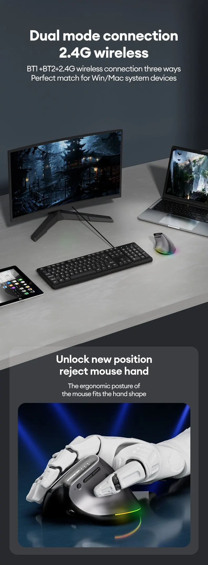 Monster M2 2.4Ghz Wireless Vertical Mouse Computer Bluetooth Gaming ...