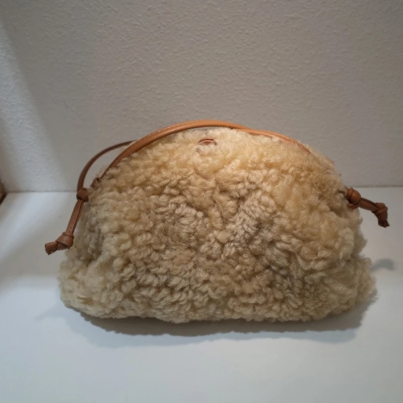 겨울 럭셔리 패션 진짜 양고기 모피 구름 가방 숙녀 패션 클러치 핸드 가방 부드러운 가죽 만두 호보 숄더 가방 지갑숄더 백