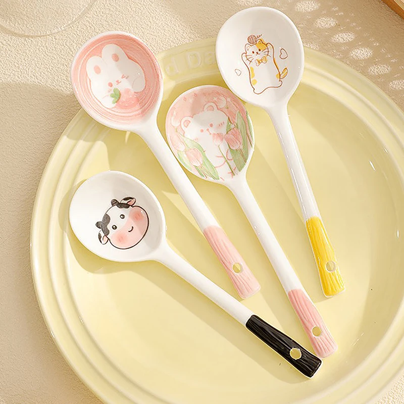 1Pcs Ceramic Soup Spoon Cereal Spoon Cute Household Tableware Painted ...