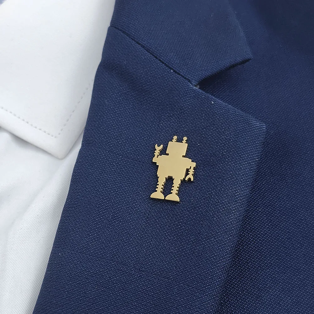 Cute mechanical style robot brooch stainless steel lapel pin ...