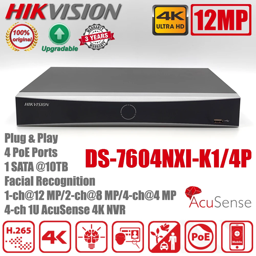Hikvision Original DS 7604NXI K1/4P 4 CH POE Portas 4K H.265 + 1SATA AcuSense NVR Network Video ...