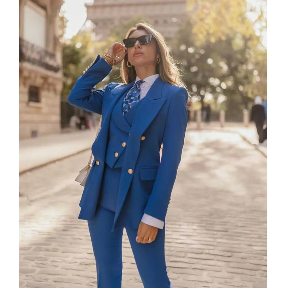 Luxury Blue Women's Suits Double Breasted Three Piece Jacket Pants Vest ...