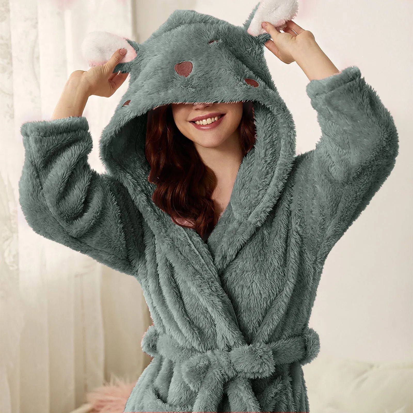 Women's Warm Plush Fleece Robes Bathrobe Cute Ear Hooded Robe Rabbit ...