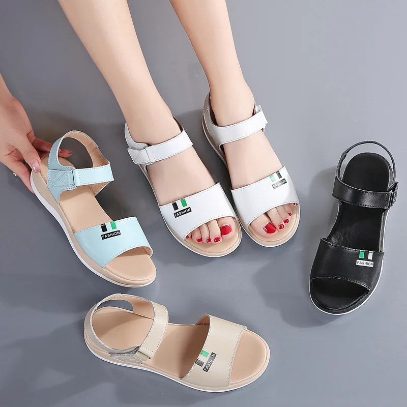 New Genuine Leather Women's Summer Sandals Cut-Outs Woman Flats Shoes ...