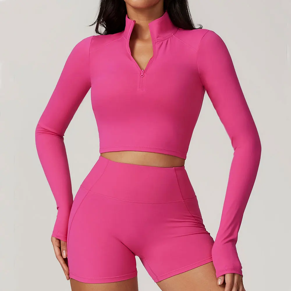 Slim-Fit-Long-Sleeve-Yoga-Shirts-Half-zip-Sports-Top-With-Thumbholes ...