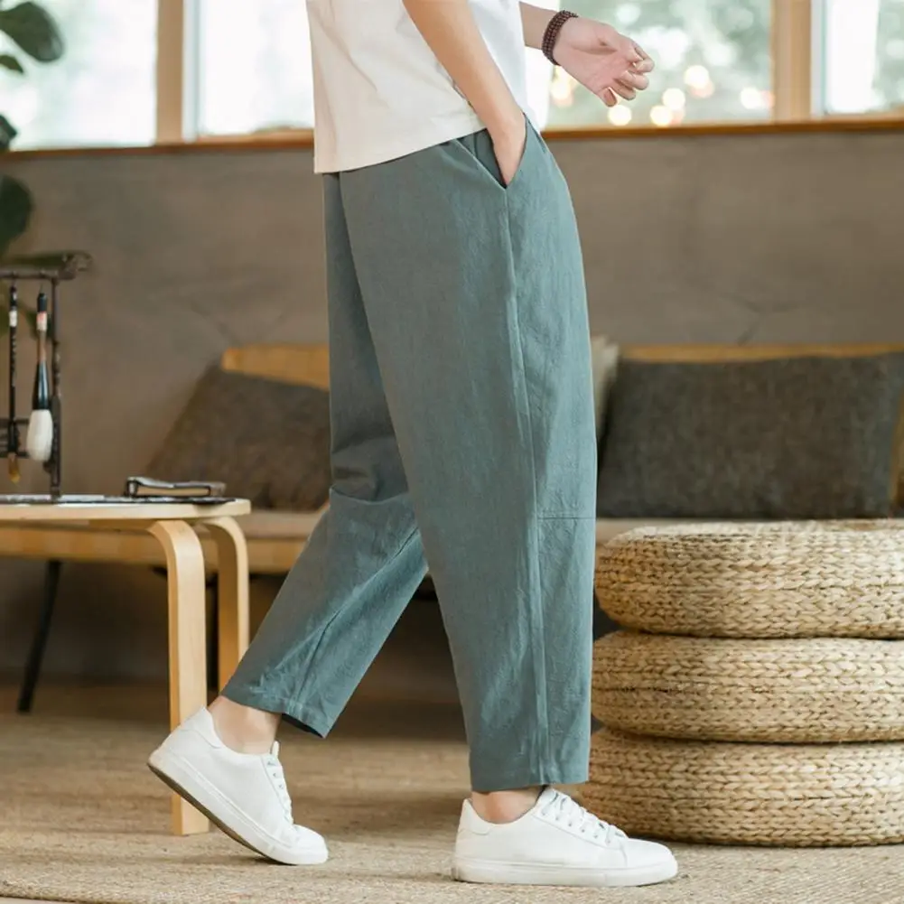 Men-Solid-Color-Trousers-Men-s-Loose-Straight-Drawstring-Ninth-Pants ...