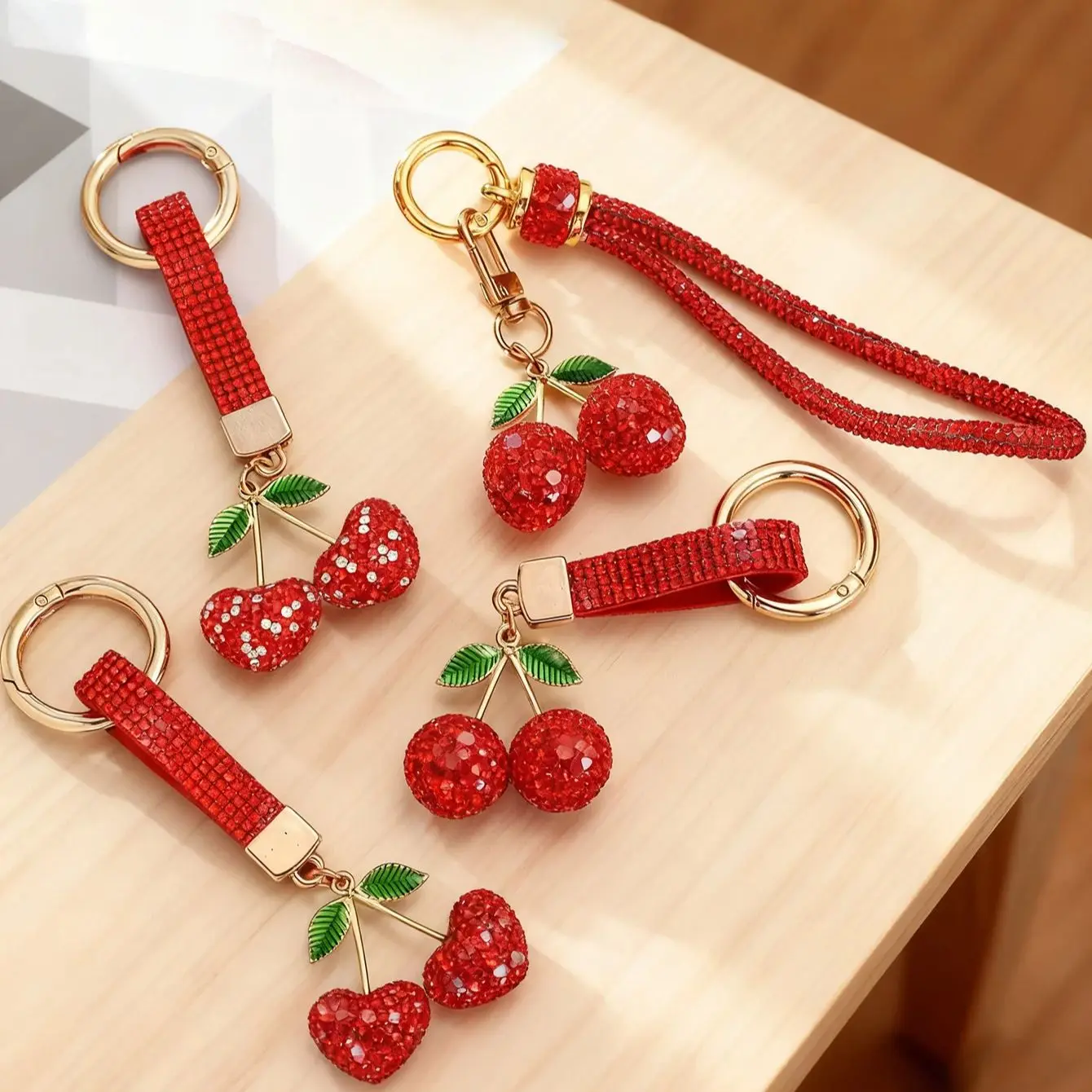 Full Diamond Red Cherry Keychain Rhinestone Inlay Cute Cherry Keychain ...