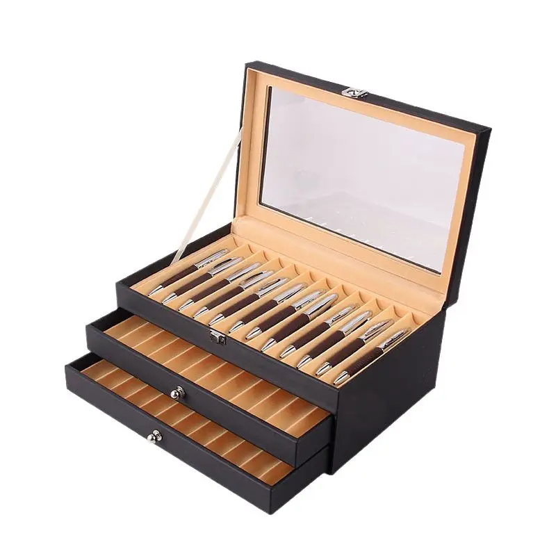 36-Slots-Pen-Display-Box-Leather-Flannel-Pen-Organizer-Box-Glass-Window ...