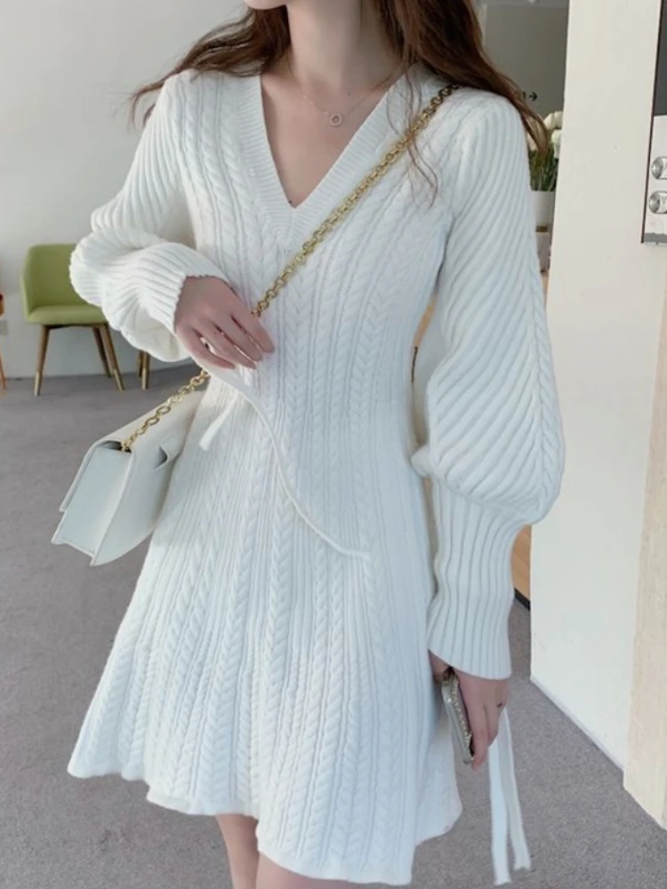 Vestido-feminino-de-malha-com-decote-em-v-manga-lanterna-linha-A-elegante-temperamento-outono ...