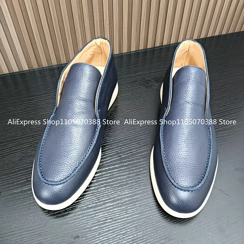 Blue cowhide lychee pattern Unisex All Genuine Leather Men's Casual ...