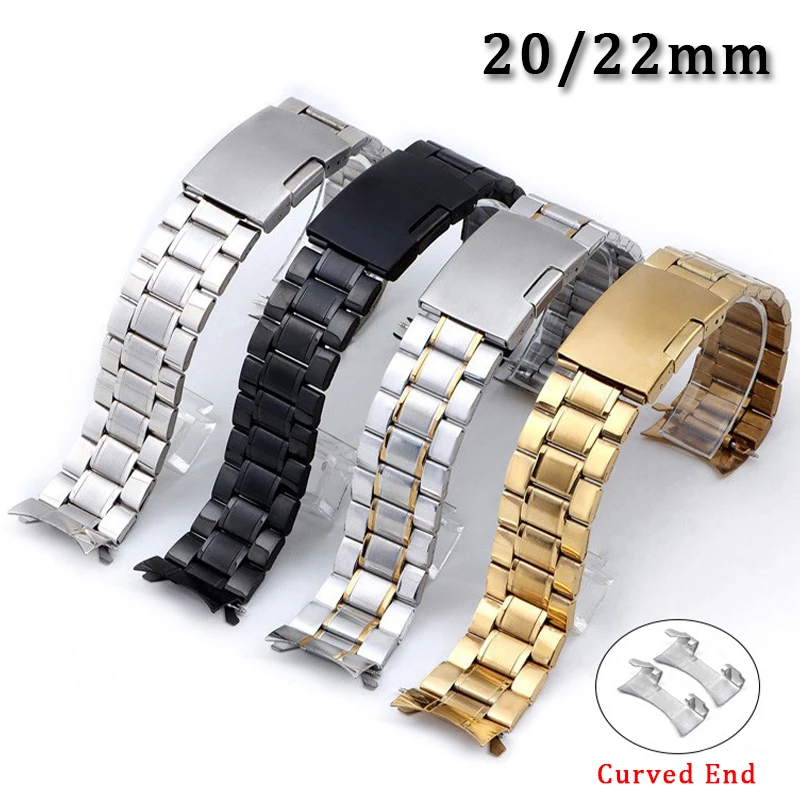 Curved End Stainless Steel Strap 20mm 22mm Metal Watch Band Folding ...