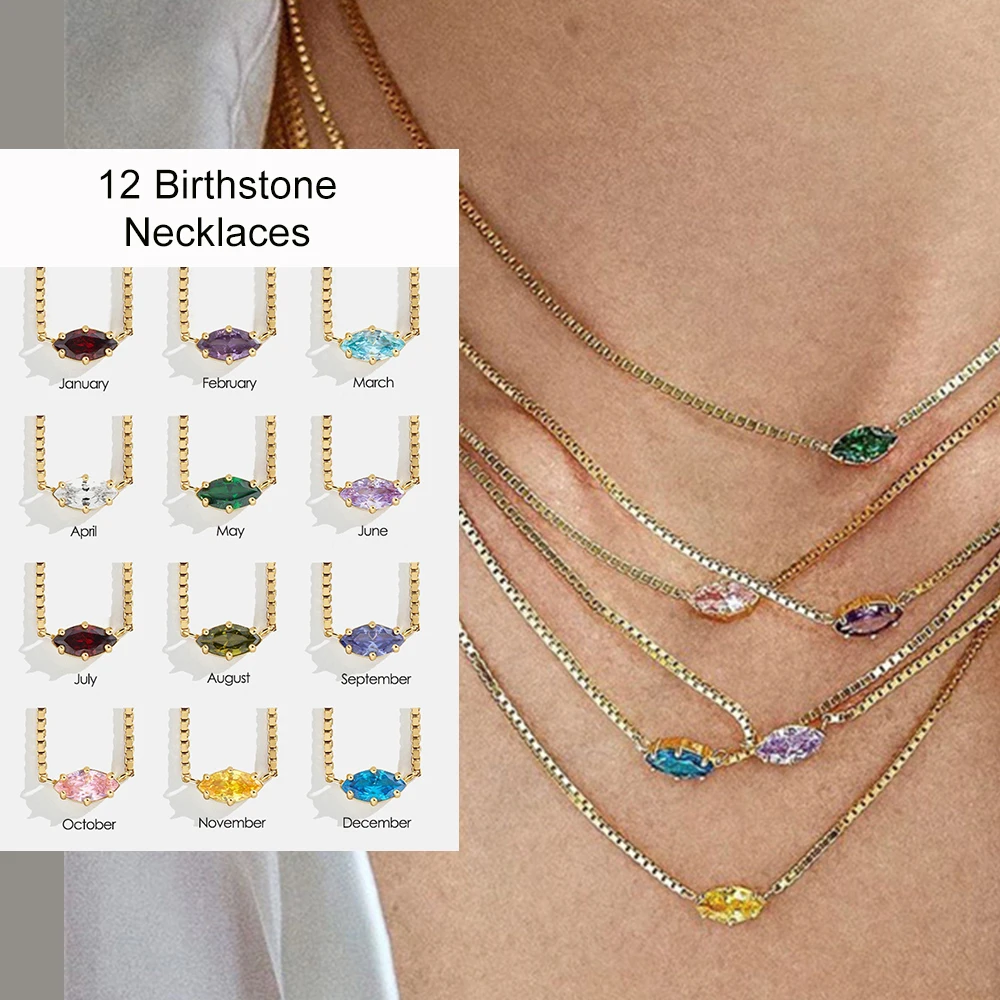 12 Birthstone Pendant Chians Necklaces for Women Eye Shape Crystal Gold ...