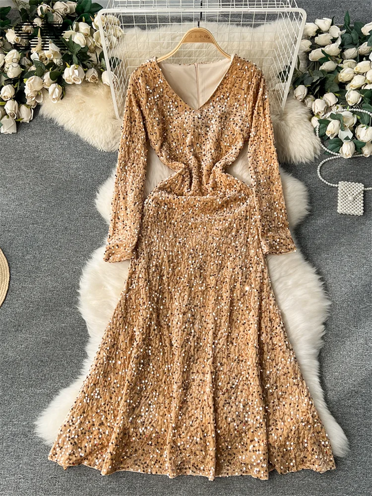 SINGREINY Sequines Silk Maxi Dress Women Zipper Shine Long Sleeve Retro ...