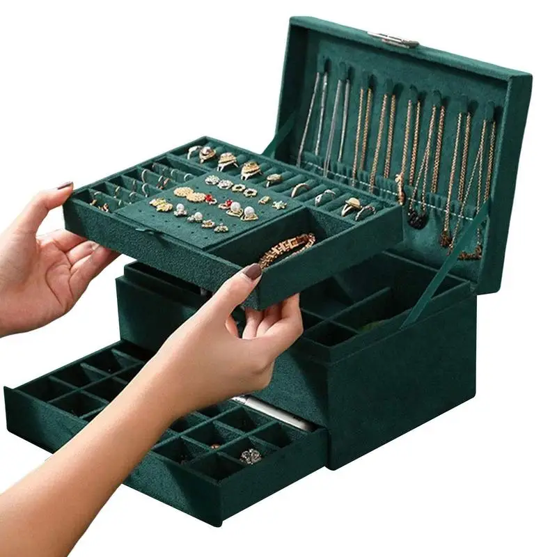 Green-Jewelry-Box-For-Women-3-Tier-Velvet-Vintage-Large-Jewelry-Storage ...