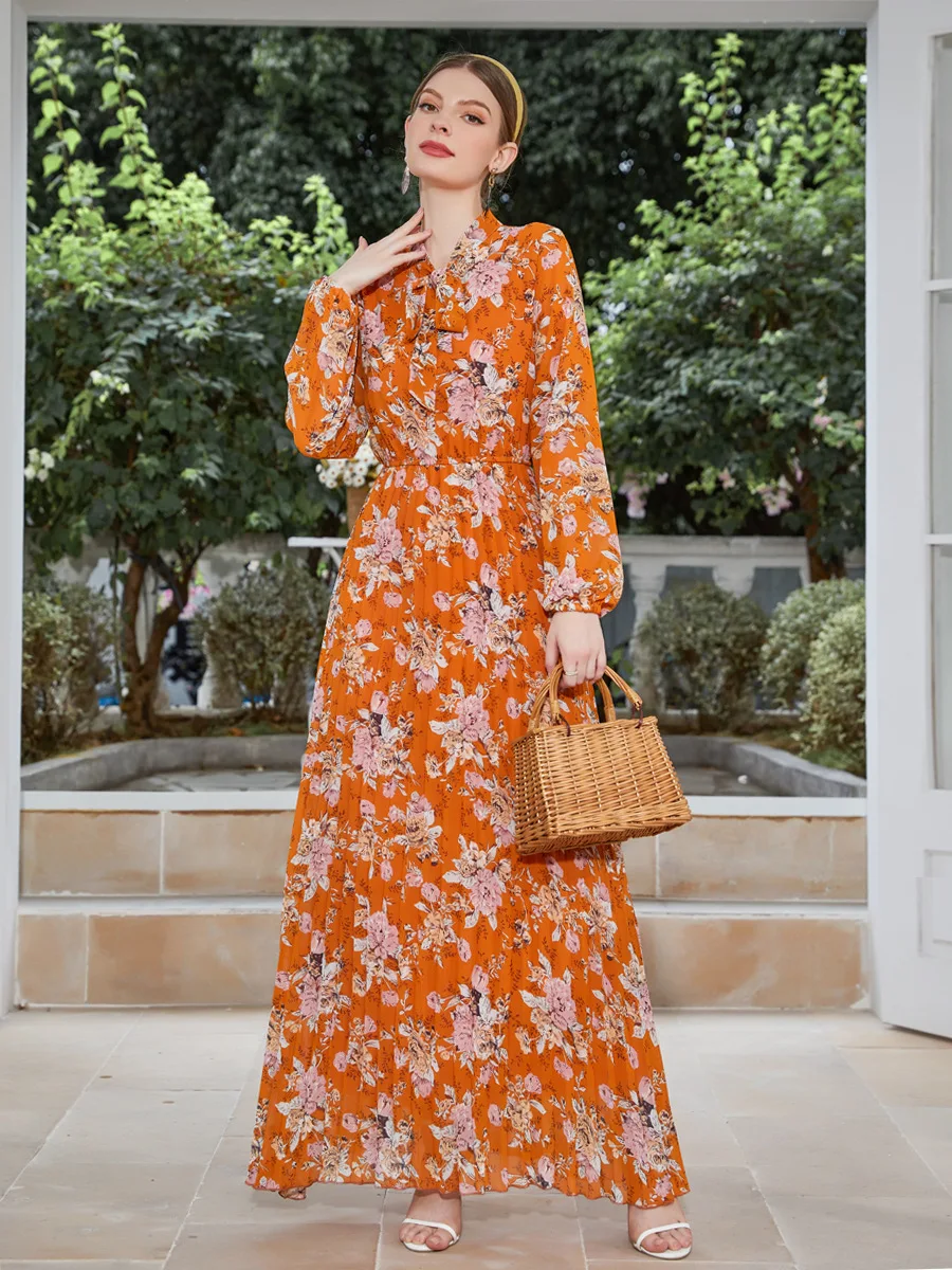 Morocco Muslim party Dress Women Abaya eid Floral Print Ramadan Prayer ...